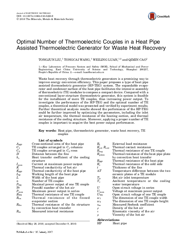 (PDF) Optimal Number of Thermoelectric Couples in a Heat Pipe Assisted ...