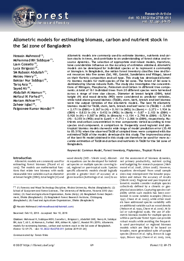 (PDF) Allometric models for estimating biomass, carbon and nutrient stock in the Sal zone of ...