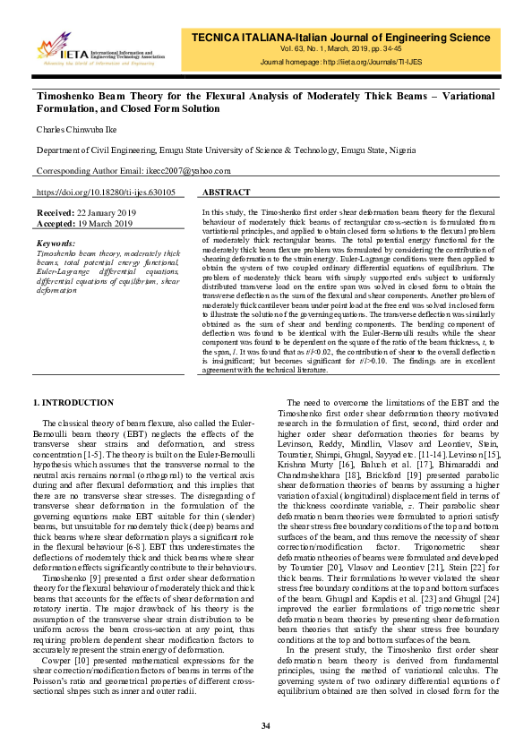 Pdf Timoshenko Beam Theory For The Flexural Analysis Of Moderately 