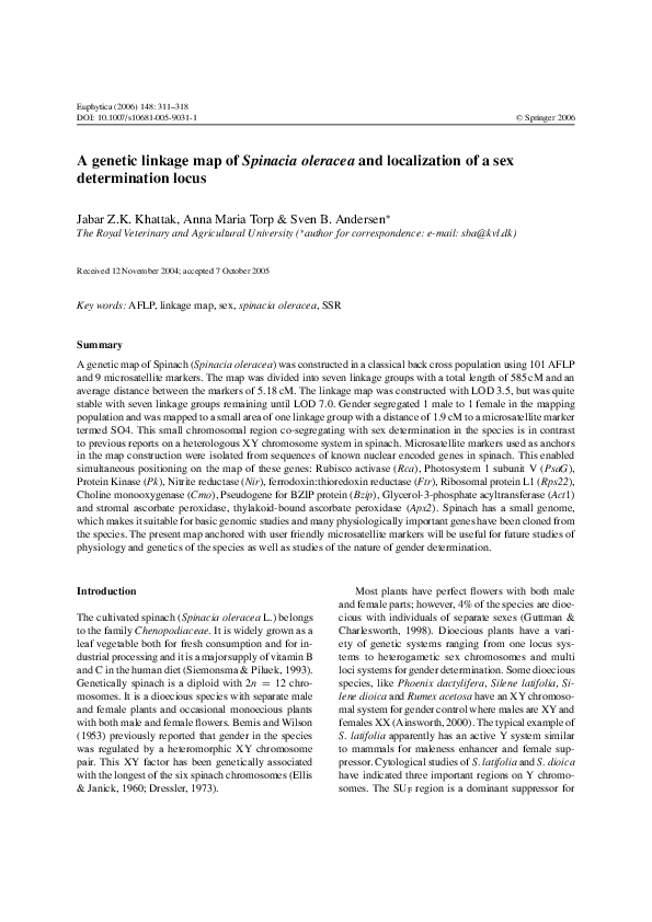 Pdf A Genetic Linkage Map Of Spinacia Oleracea And Localization Of A Sex Determination Locus