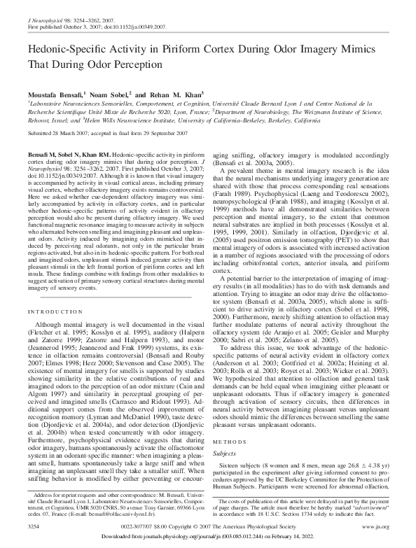 (PDF) Hedonic-Specific Activity in Piriform Cortex During Odor Imagery ...