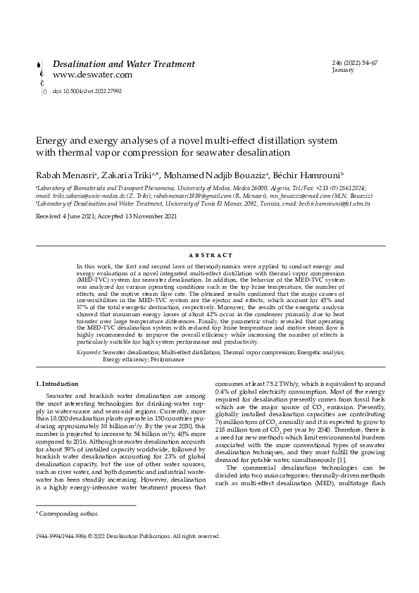 Pdf Energy And Exergy Analyses Of A Novel Multi Effect Distillation System With Thermal Vapor