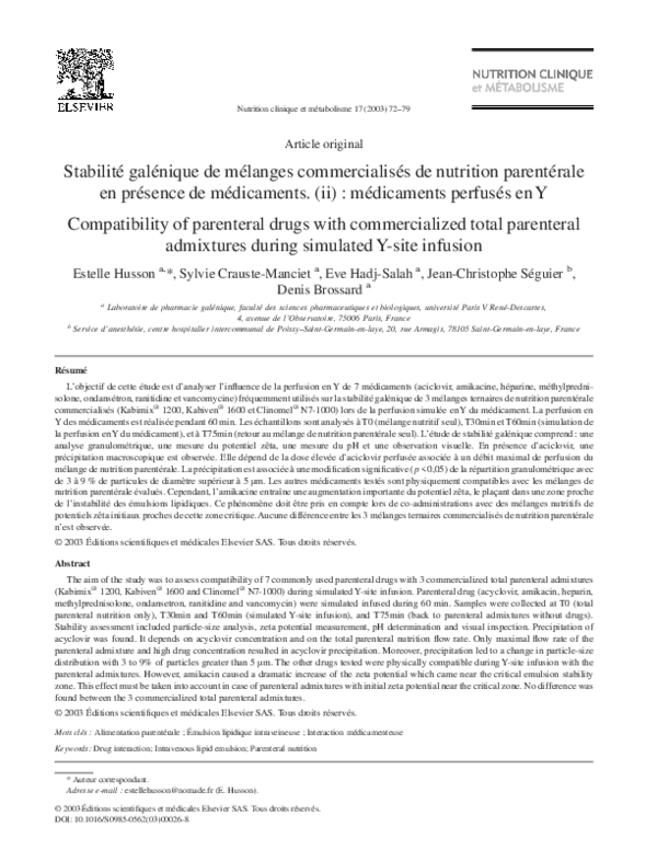(PDF) Stabilité galénique de mélanges commercialisés de nutrition ...