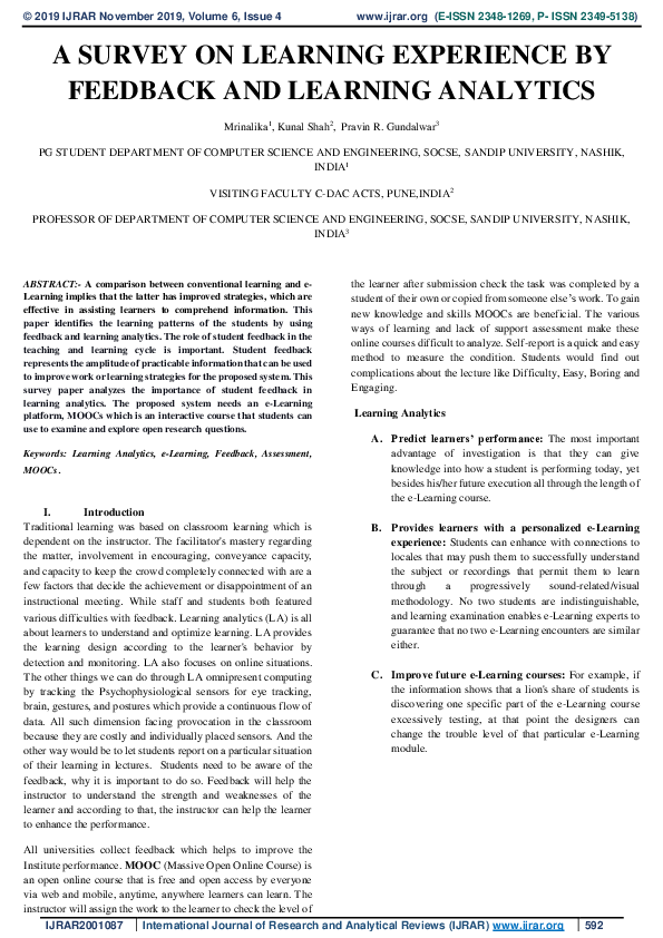 (PDF) A Survey on Learning Experience by Feedback and Learning Analytics