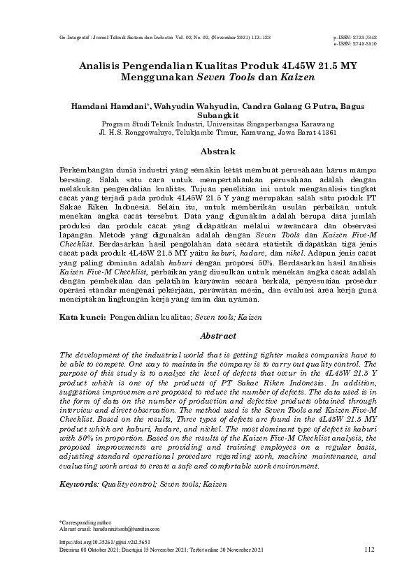 (PDF) Analisis Pengendalian Kualitas Produk 4L45W 21.5 MY Menggunakan Seven Tools dan Kaizen