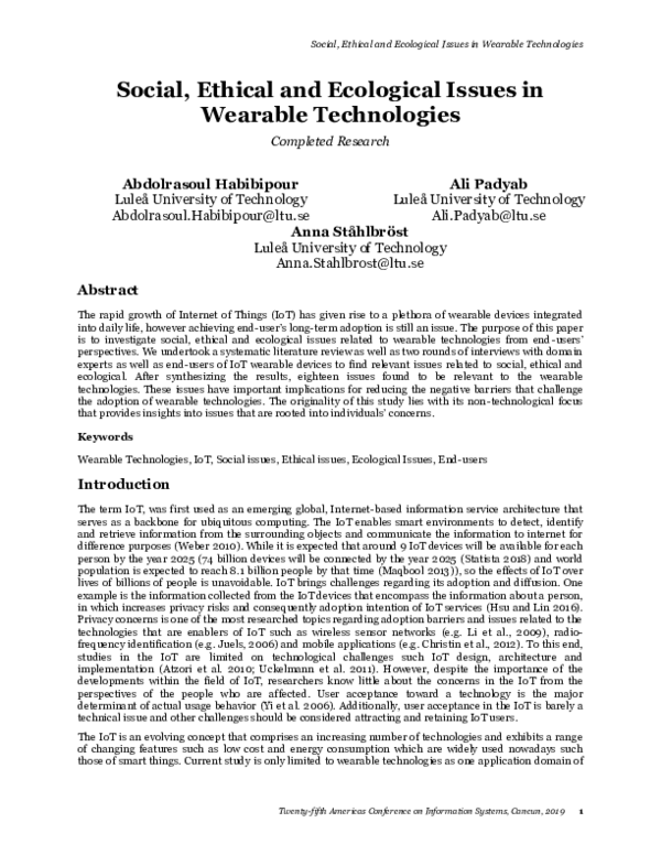 (PDF) Social, Ethical and Ecological Issues in Wearable Technologies