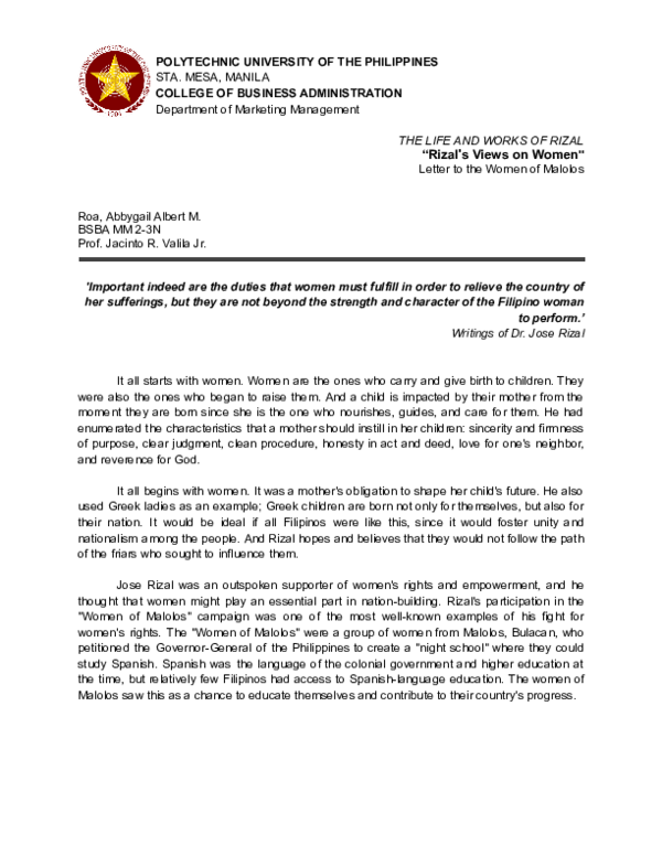 (PDF) Reflection Paper on "Letter to the Women of Malolos " by Jose ...
