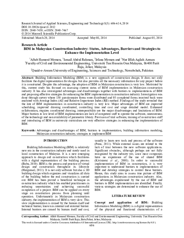 (PDF) BIM in Malaysian Construction Industry: Status, Advantages ...