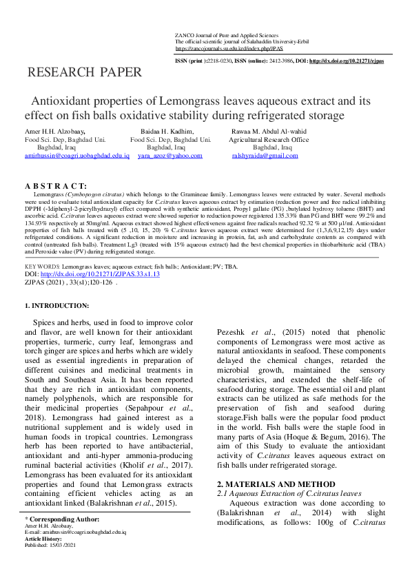 (PDF) Antioxidant properties of Lemongrass leaves aqueous extract and its effect on fish balls ...