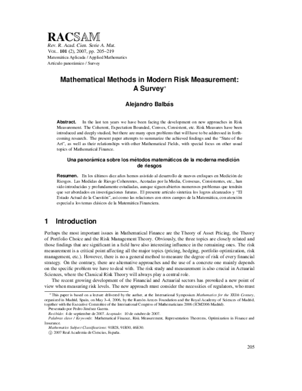 (PDF) Mathematical methods in modern risk measurement: a survey