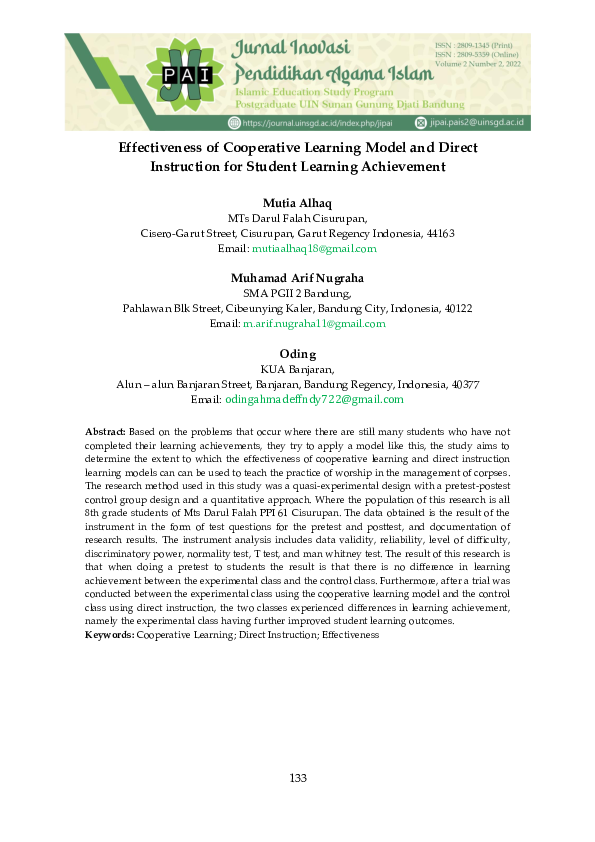 (PDF) Effectiveness of Cooperative Learning Model and Direct Instruction for Student Learning ...