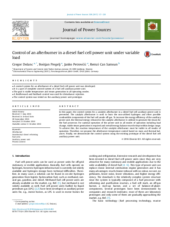 (PDF) Control of an afterburner in a diesel fuel cell power unit under ...