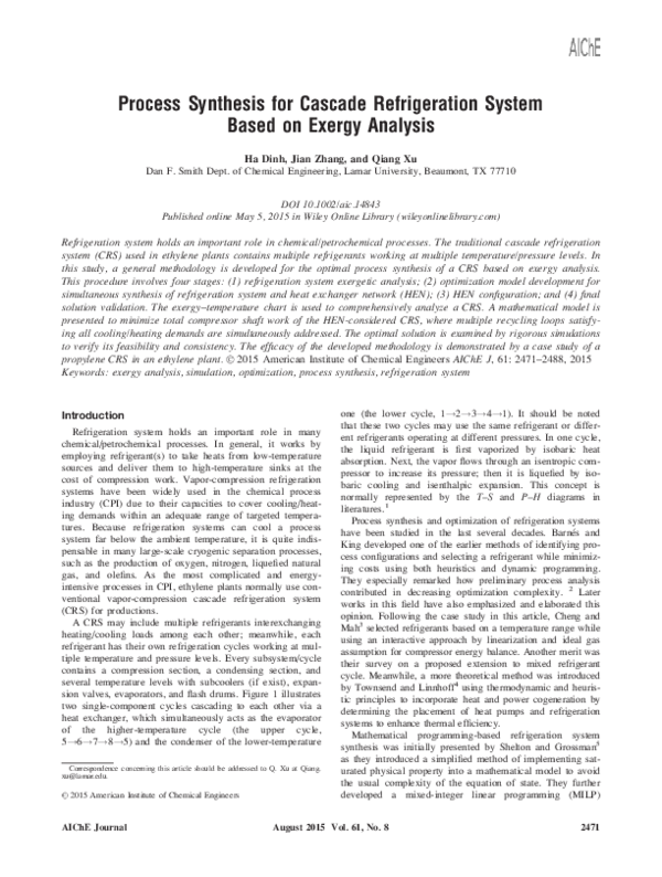 (PDF) Process synthesis for cascade refrigeration system based on exergy analysis