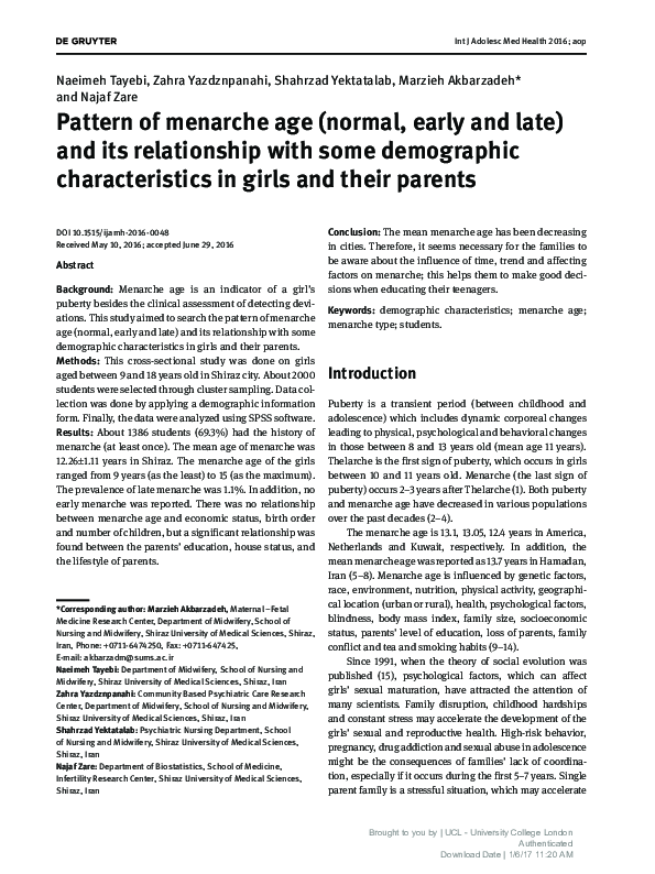 (PDF) Pattern of menarche age (normal, early and late) and its ...