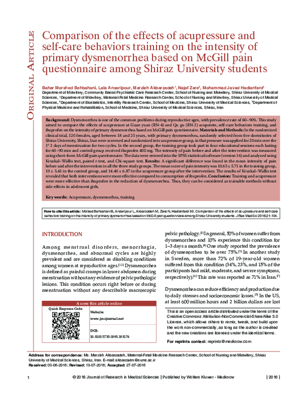 (PDF) Comparison of the effects of acupressure and self-care behaviors ...