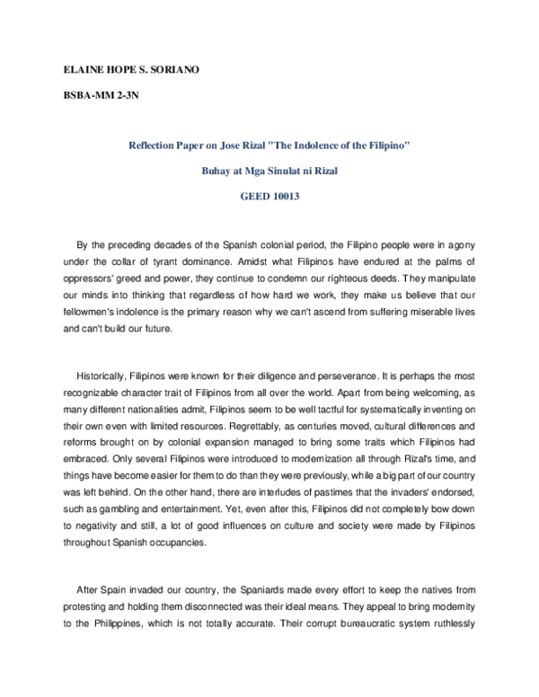 (PDF) Reflection Paper on Jose Rizal's "The Indolence of the Filipino"