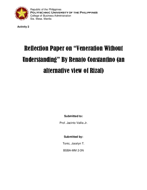 (PDF) Reflection Paper on “Veneration Without Understanding” By Renato ...