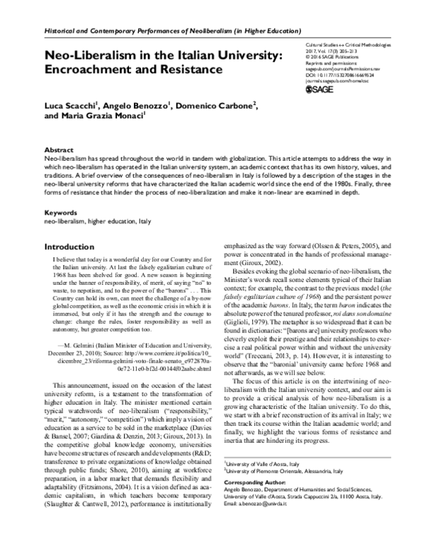 (PDF) Neo-Liberalism in the Italian University: Encroachment and Resistance