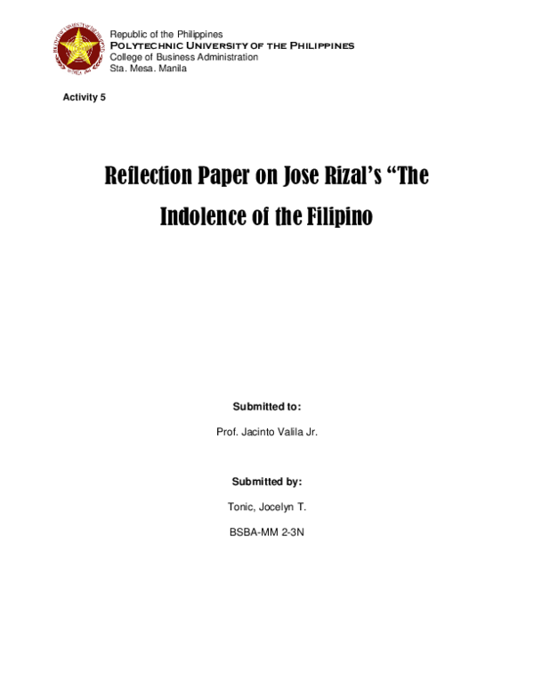 (PDF) Reflection Paper on Jose Rizal’s “The Indolence of the Filipino