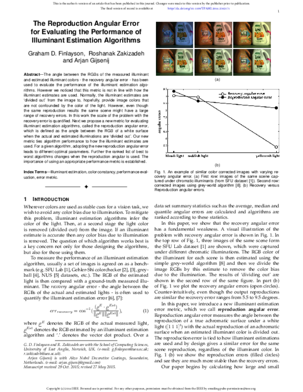 Pdf The Reproduction Angular Error For Evaluating The Performance Of Illuminant Estimation