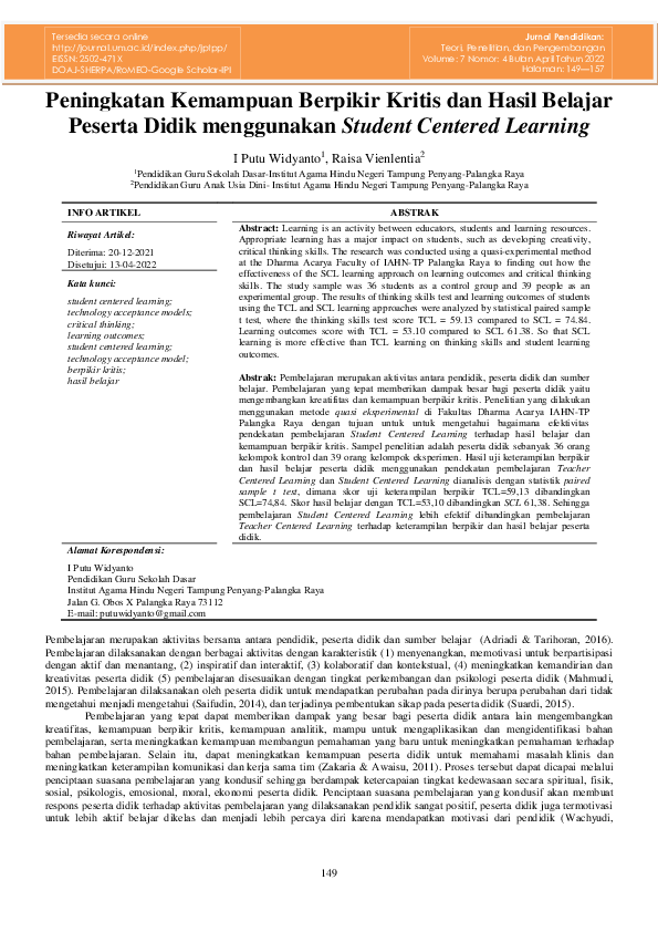 (PDF) Peningkatan Kemampuan Berpikir Kritis dan Hasil Belajar Peserta Didik menggunakan Student ...
