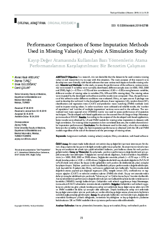 Pdf Performance Comparison Of Some Imputation Methods Used In Missing Values Analysis A