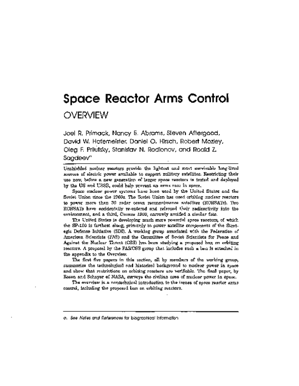 (PDF) Space Reactor Arms Control: Overview