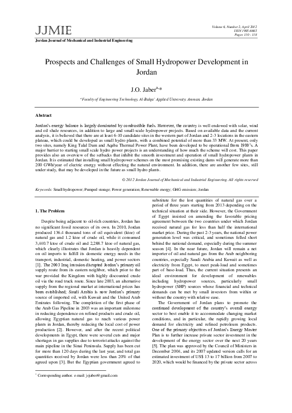 (PDF) Prospects and Challenges of Small Hydropower Development in Jordan