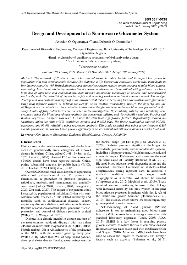 (PDF) Design and Development of a Non-invasive Glucometer System