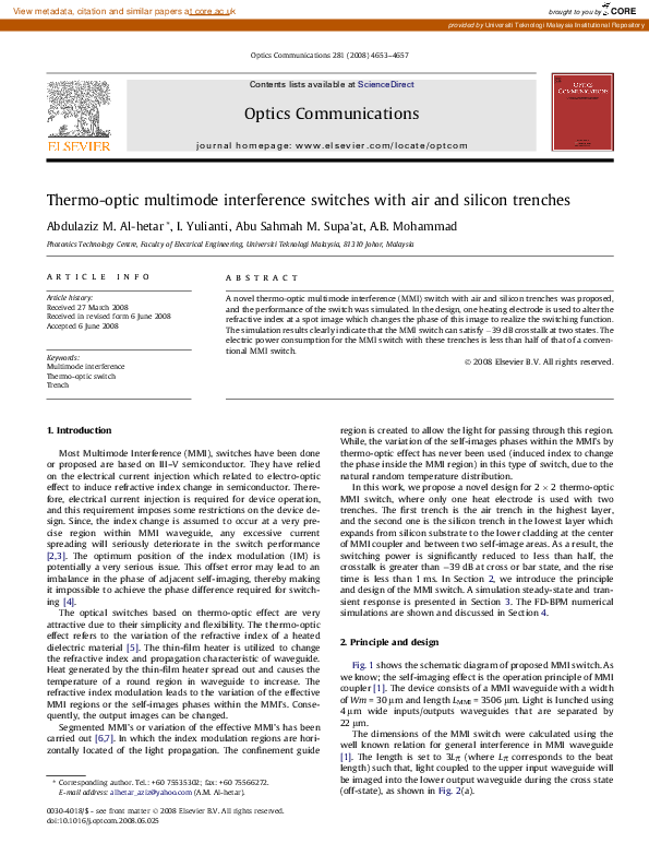(PDF) Thermo-optic multimode interference switches with air and silicon ...