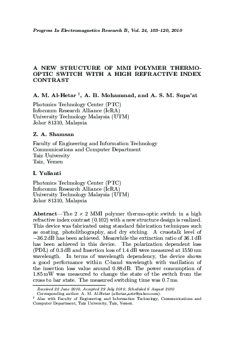 (PDF) A New Structure of MMI Polymer Thermo-Optic Switch with a High ...