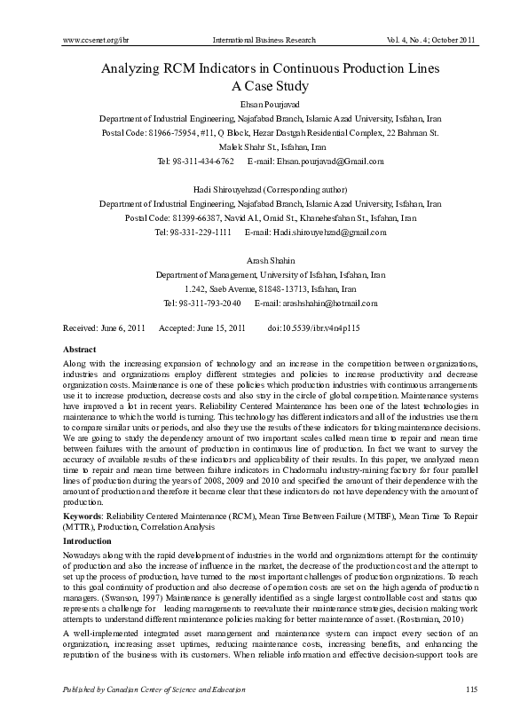 (PDF) Analyzing RCM Indicators in Continuous Production Lines: A Case Study