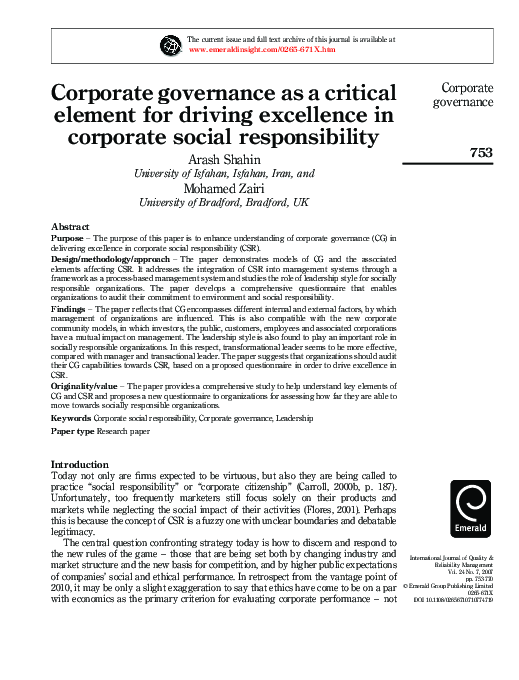 (PDF) Corporate governance as a critical element for driving excellence in corporate social ...