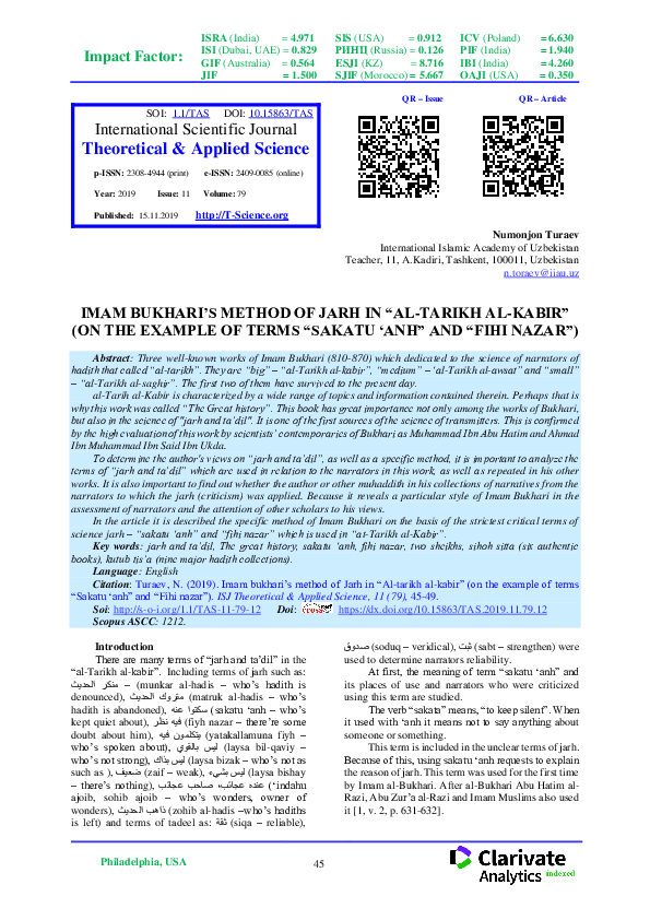 (PDF) Imam Bukhari’s Method of Jarh in “Al-Tarikh Al-Kabir” (On the Example of Terms “Sakatu ...