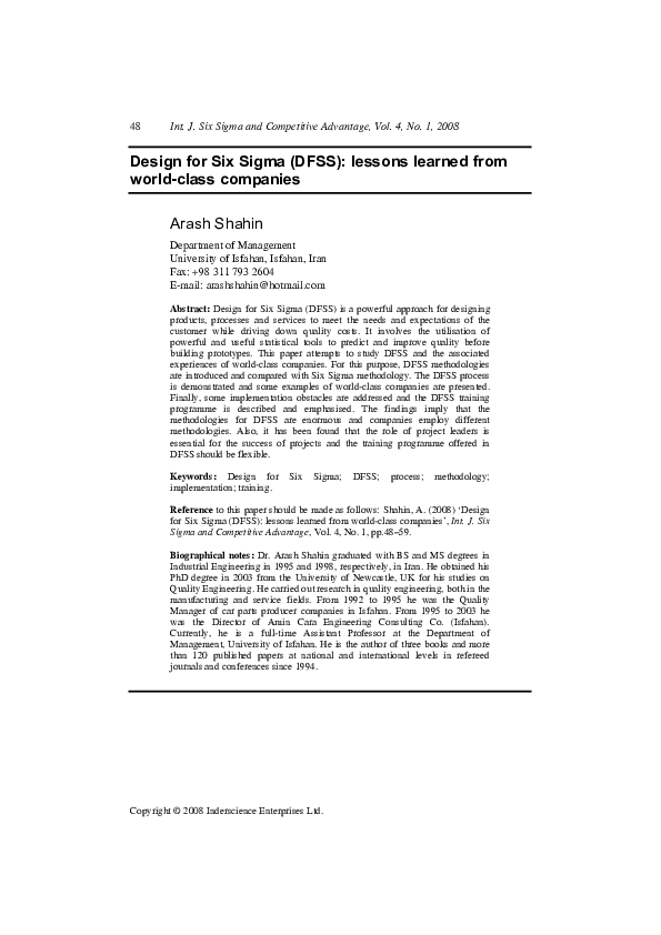 (PDF) Design for Six Sigma (DFSS): lessons learned from world-class ...