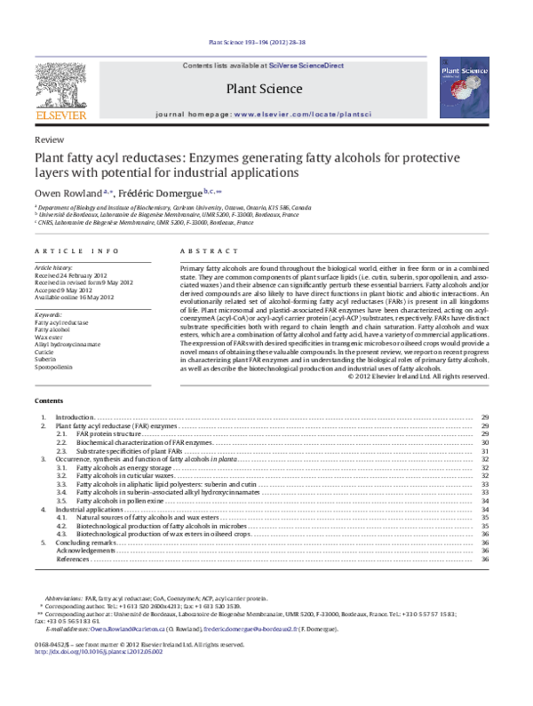 (PDF) Plant fatty acyl reductases: enzymes generating fatty alcohols ...