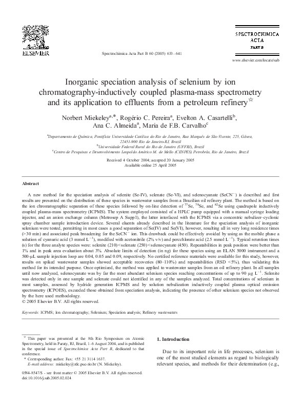 Pdf Inorganic Speciation Analysis Of Selenium By Ion Chromatography Inductively Coupled Plasma