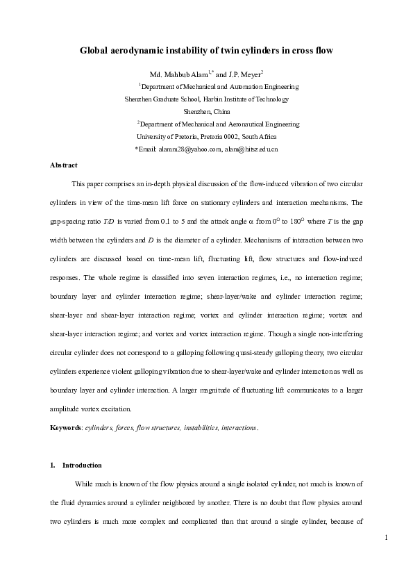 (PDF) Global aerodynamic instability of twin cylinders in cross flow