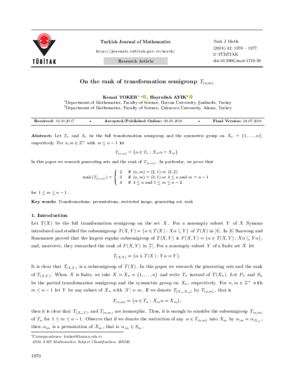 (PDF) On the rank of transformation semigroup