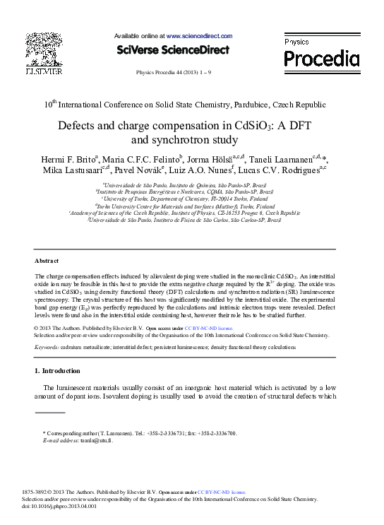 (PDF) Defects and Charge Compensation in CdSiO3: A DFT and Synchrotron ...