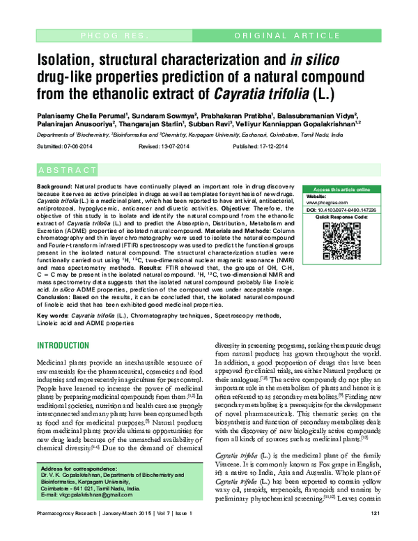 (PDF) Isolation, structural characterization and in silico drug-like properties prediction of a ...