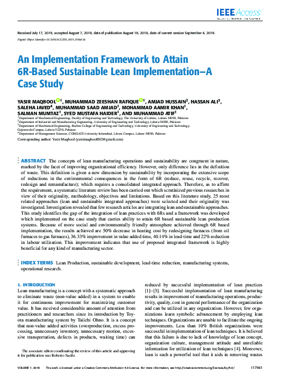(PDF) An Implementation Framework to Attain 6R-Based Sustainable Lean Implementation—A Case Study