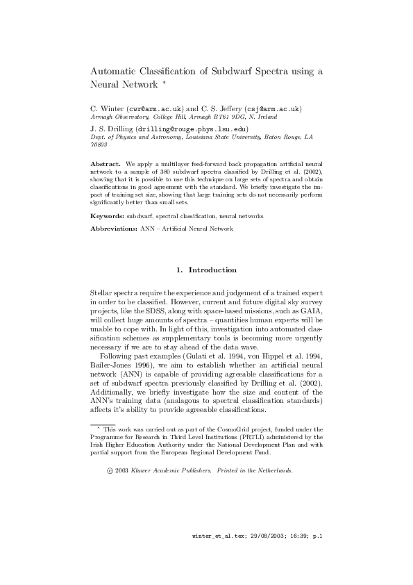 (PDF) Automatic Classification of Subdwarf Spectra using a Neural Network