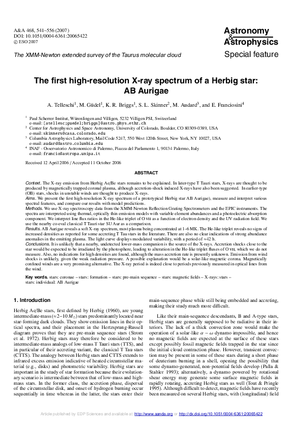 (PDF) The first high-resolution X-ray spectrum of a Herbig star: AB Aurigae