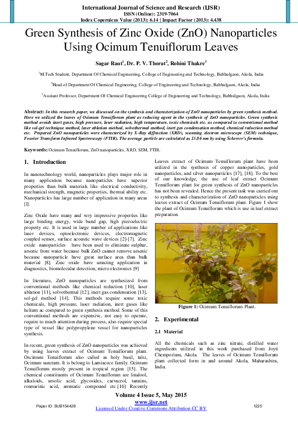 (PDF) Green Synthesis of Zinc Oxide (ZnO) Nanoparticles Using Ocimum Tenuiflorum Leaves