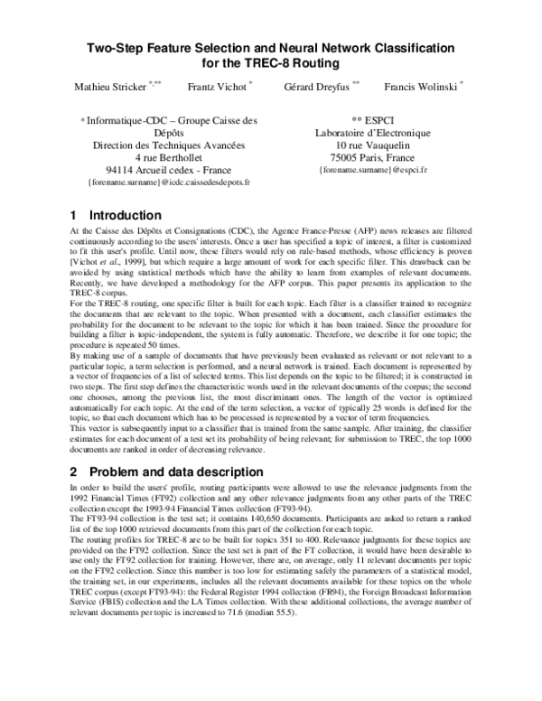 (PDF) Two-Step Feature Selection and Neural Network Classification for the TREC-8 Routing