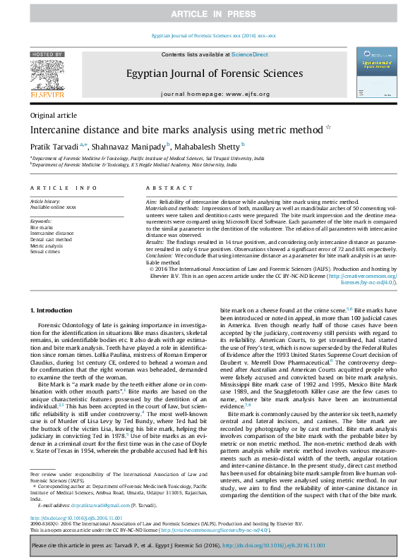(PDF) Intercanine distance and bite marks analysis using metric method