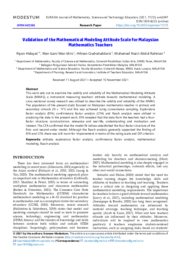 (PDF) Validation of the Mathematical Modeling Attitude Scale for Malaysian Mathematics Teachers