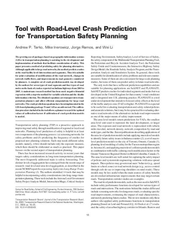 (PDF) Tool with Road-Level Crash Prediction for Transportation Safety Planning