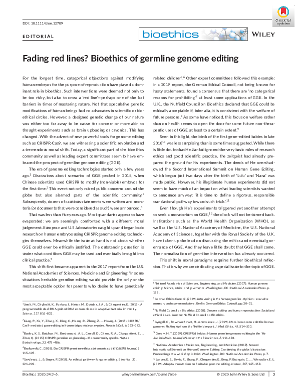 (PDF) Fading red lines? Bioethics of germline genome editing